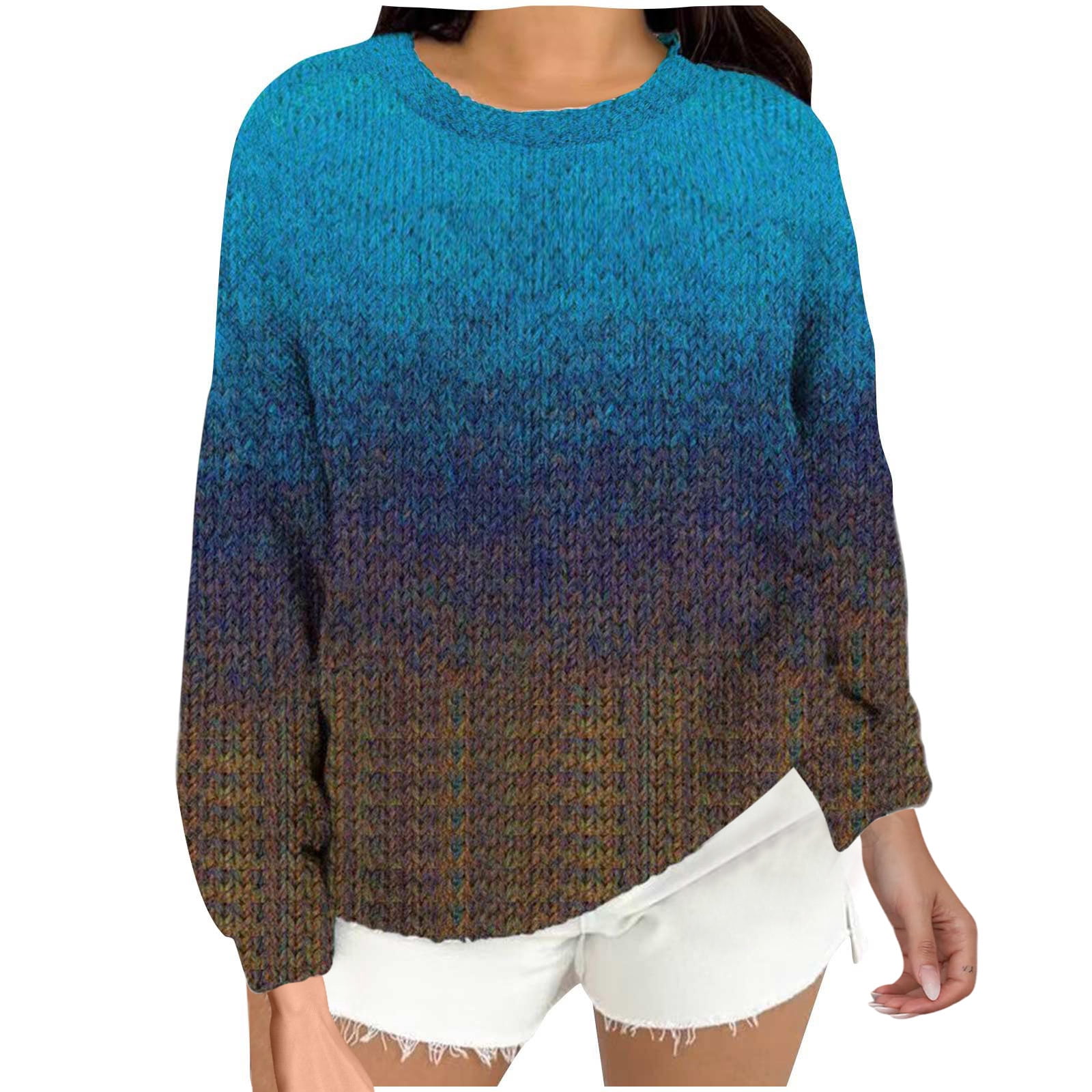 GigrtiJin Womens Gradient Sweaters Round Neck Long Sleeved Casual ...