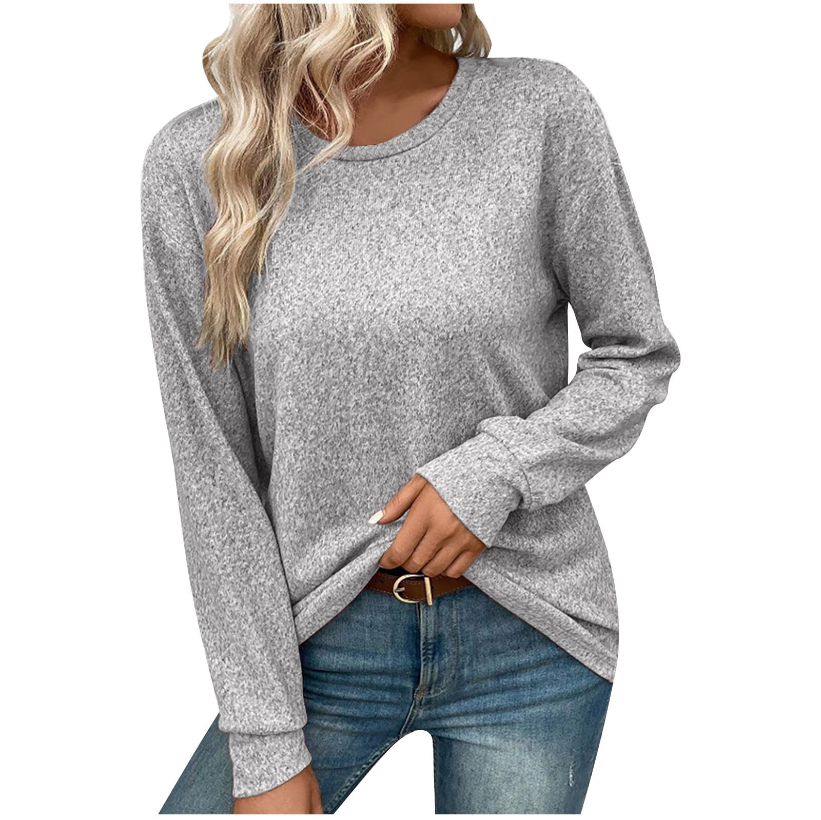 GigrtiJin Womens Long Sleeves Sweater Round-Neck Casual Solid Color ...