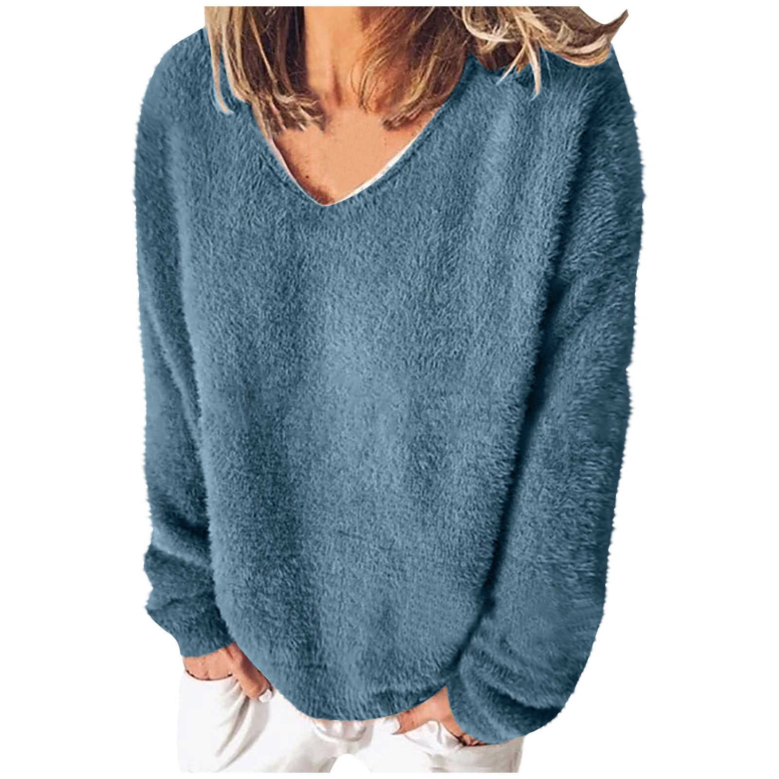 GigrtiJin Womens Plus Size Fuzzy Fleece Sweater Long Sleeve V Neck ...