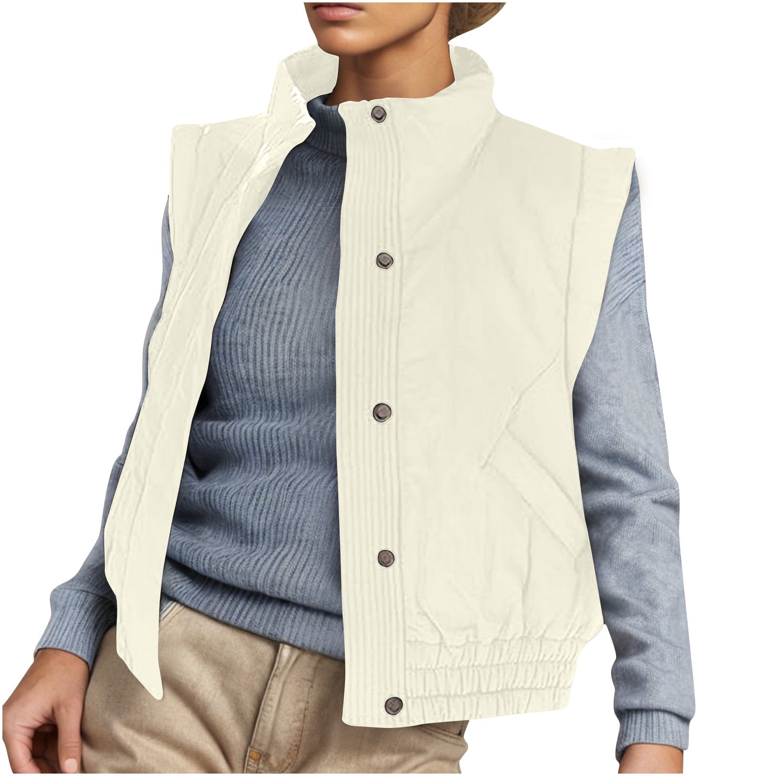 GigrtiJin Womens Sleeveless Cotton Vest Coat Casual Solid Color Stand ...