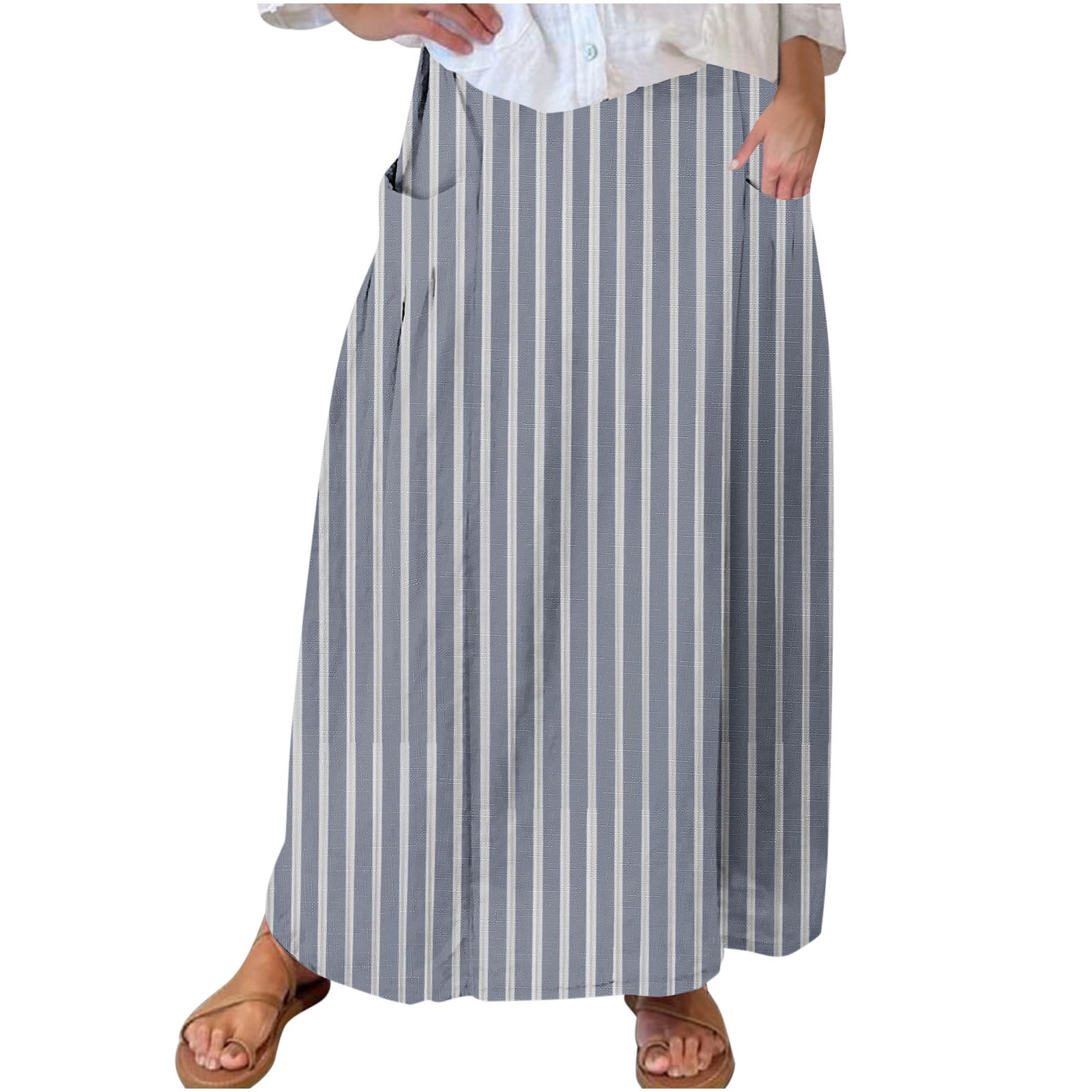 GigrtiJin Womens Stripe Midi Skirts Plus Size Loose a Line Elastic High ...