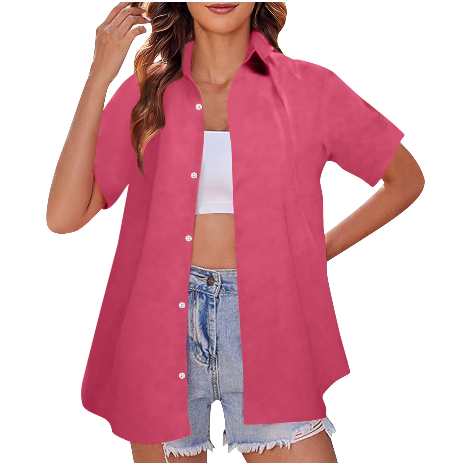 GigrtiJin Womens Summer Shirts Button up Casual Solid Color Shirt Cool ...
