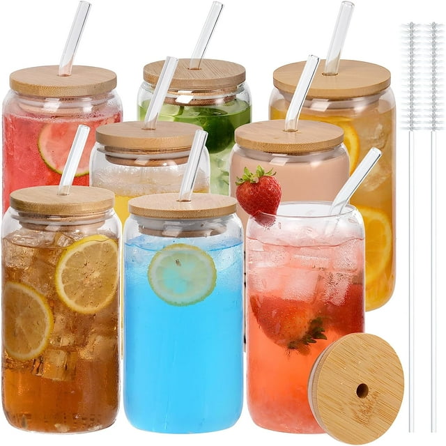 Gijjgole Drinking Glasses with Bamboo Lids and Straws, 8pcs Glass Cups ...