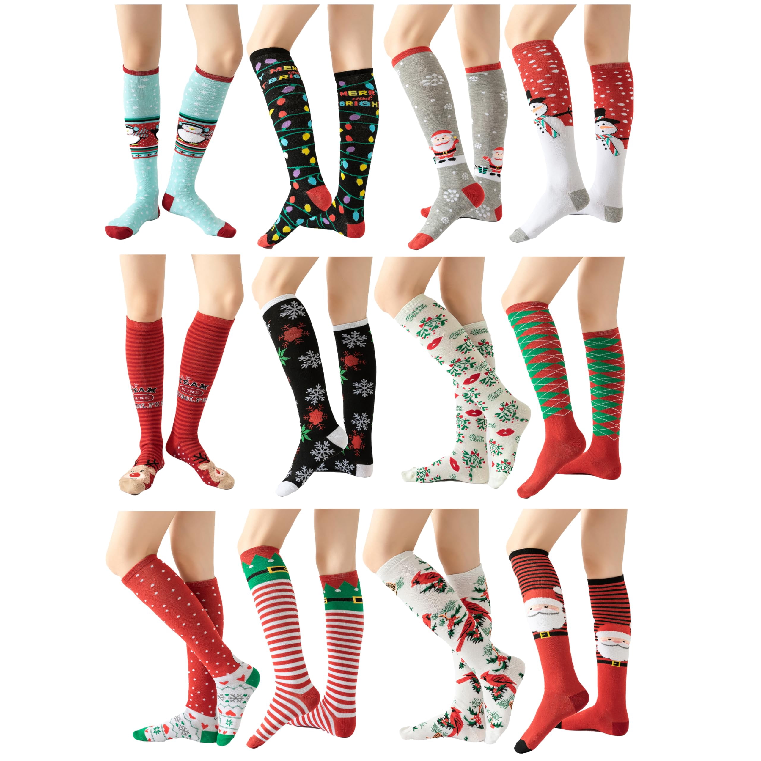 Gilbin 12 Pair, Knee High Holiday Christmas Socks, 12 Different Designs ...