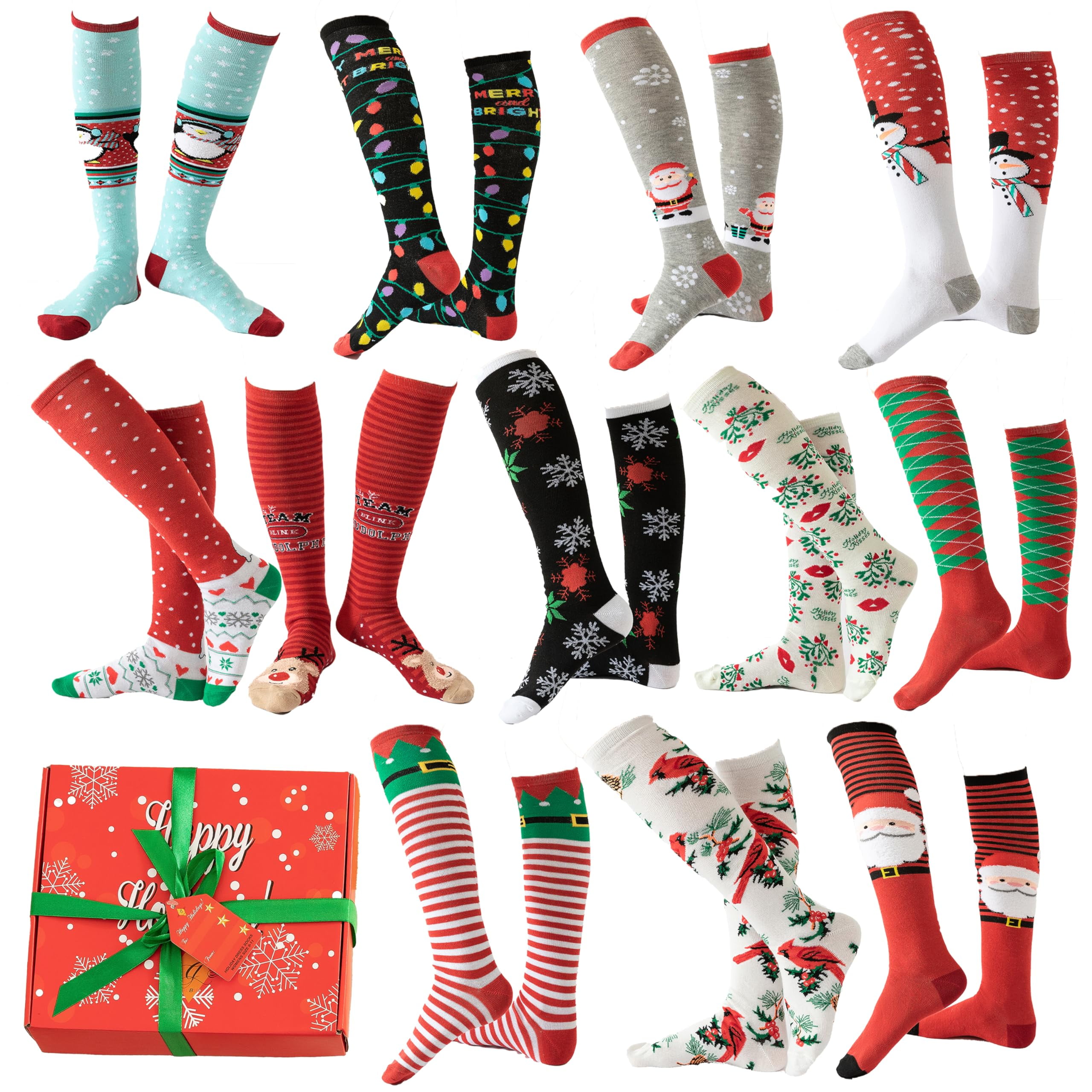 Gilbin 12 Pair Knee High Christmas Socks, Festive Designs Size 9-11 ...