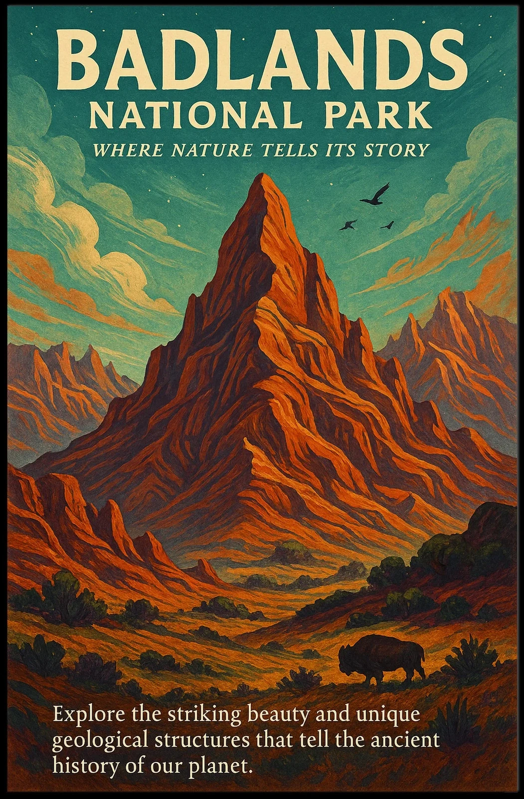Gild Leaf Badlands National Park Vintage Adventure Poster Print ...