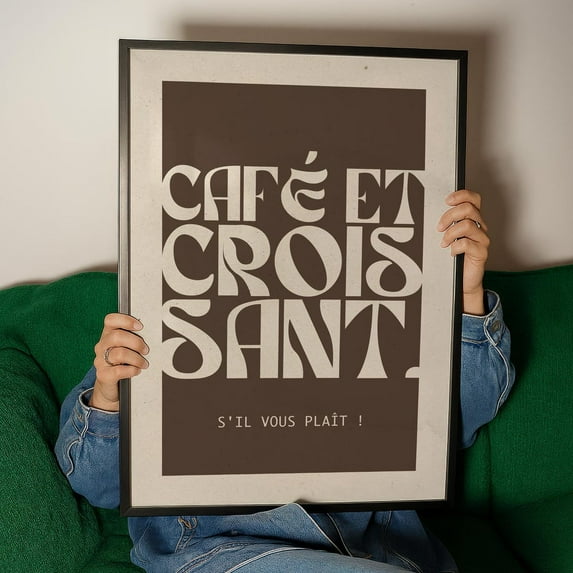 Gild Leaf Café Et Croissant Cozy Wall Art – Brown French Kitchen Typography Print, Paris ...