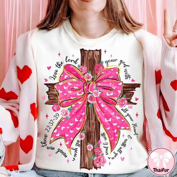 Gild Leaf Coquette Jesus V-Day Bow Bible Verse Sweatshirt - Walmart.com
