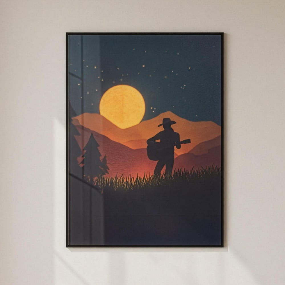 Gild Leaf Cowboy Moonlight Guitar Wall Art, Print, Western Sunset ...