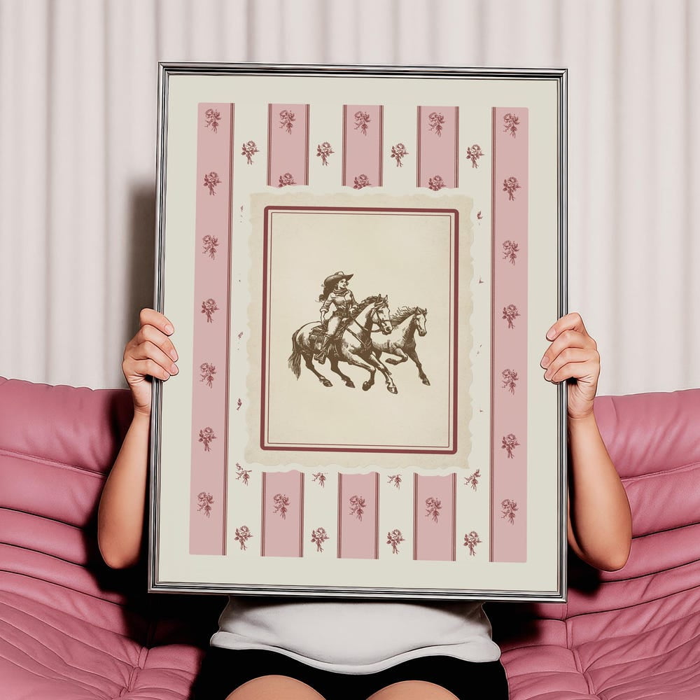 Gild Leaf Cowgirl Horseback Riding Art Print – Pink Toile Western Rodeo ...