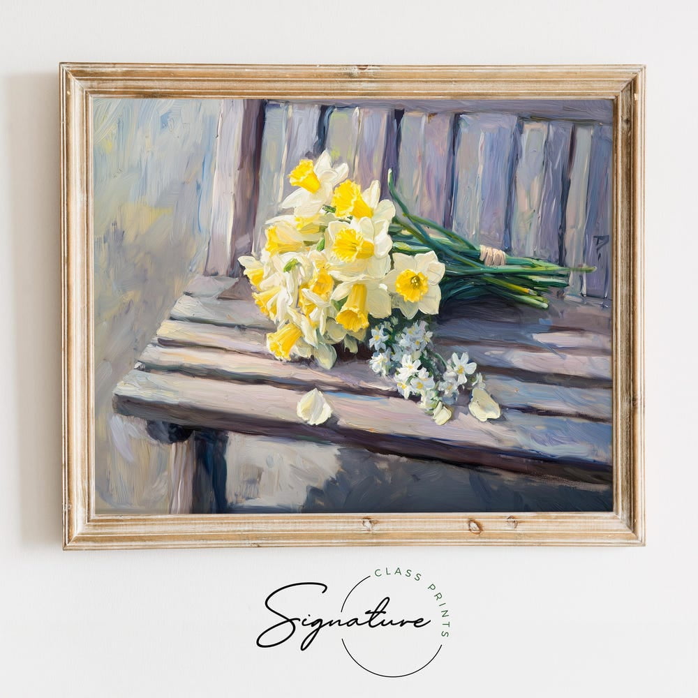 Gild Leaf Daffodils On A Rustic Bench - Spring Botanical , Cottage ...