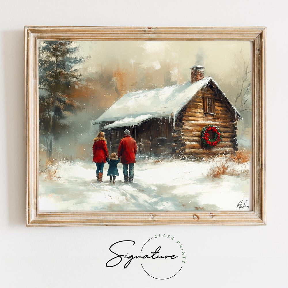 Gild Leaf Family Standing Outside Cabin - Rustic Xmas Cottage Scene ...