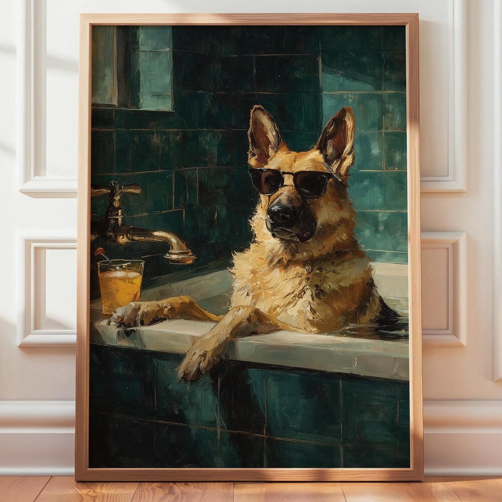Gild Leaf German Shepherd Bathroom Wall Art, Dogs In Bathtub Art ...