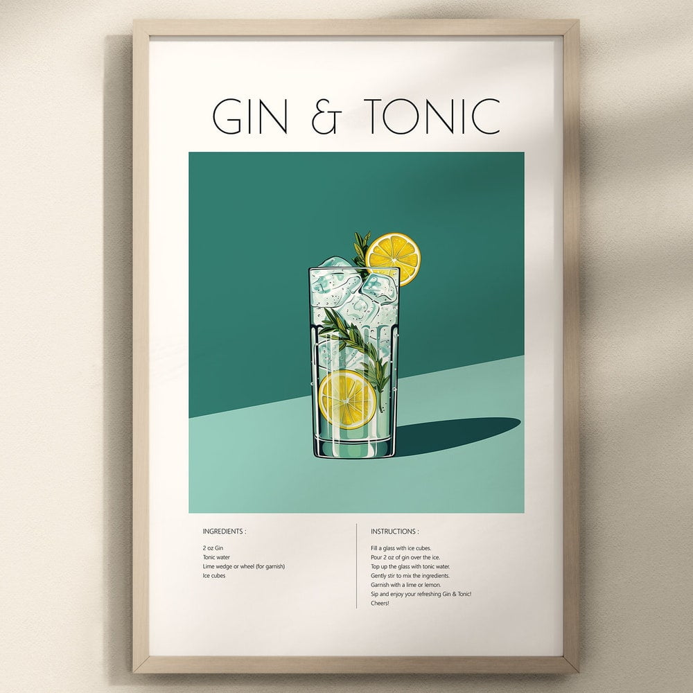 Gild Leaf Gin & Tonic Cocktail Poster, Cocktail Recipe Print, Bar Cart ...