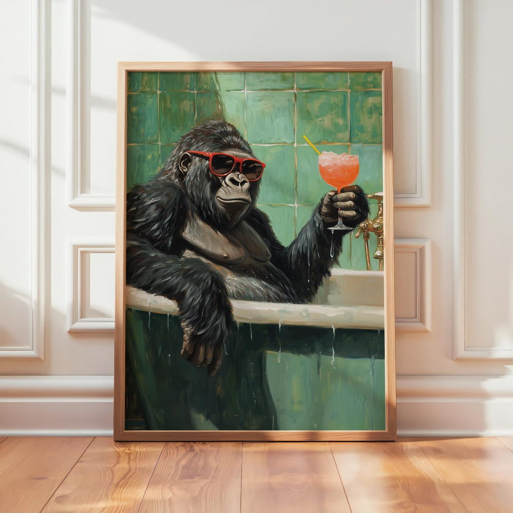 Gild Leaf Gorilla With Cocktail Poster, Bathtub Wall Art, Gorilla Print ...