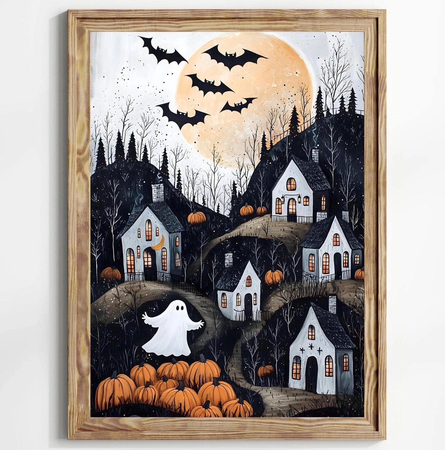 Gild Leaf Halloween Town Folk Art Print | Ghost & Pumpkin Wall Decor ...
