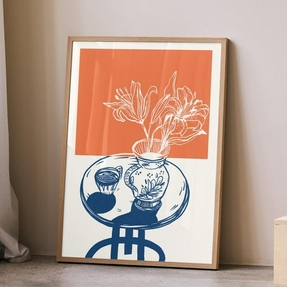 Gild Leaf Lily Flowers Sketch Print: Blue Red Botanical Cafe Table Line ...