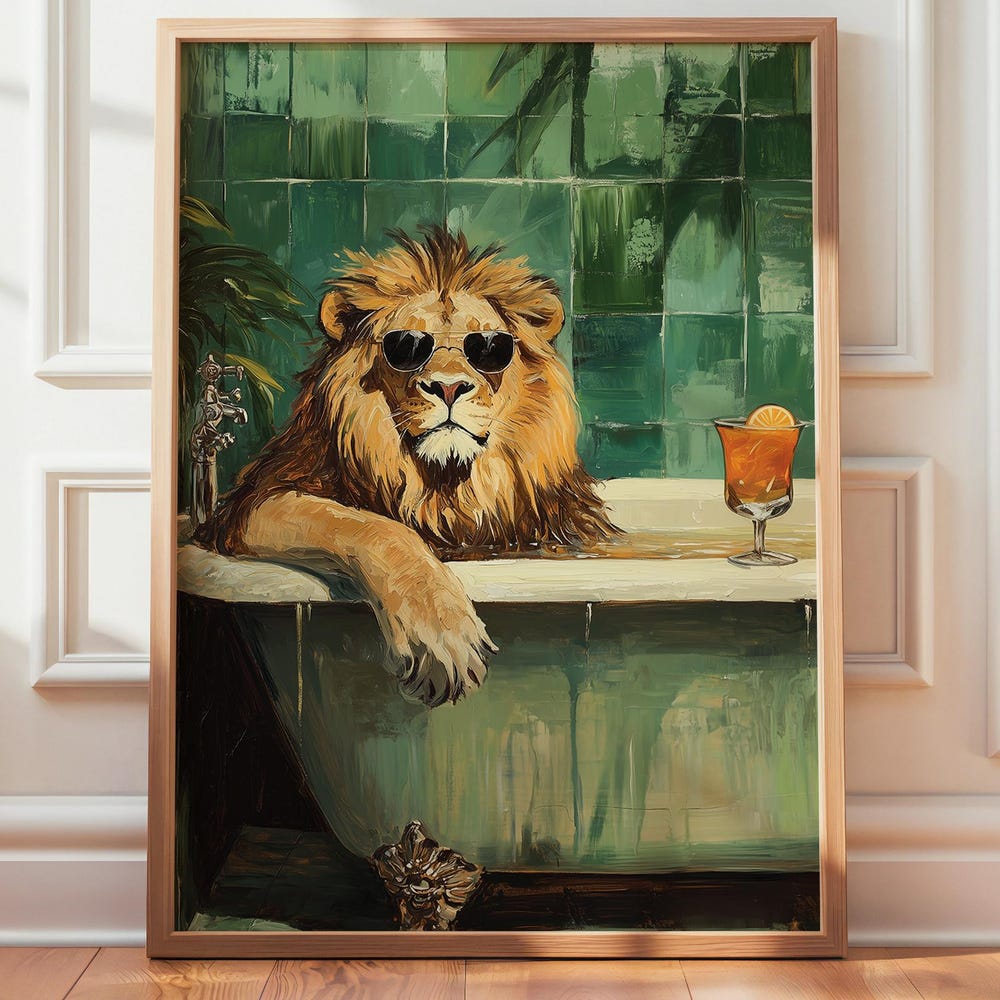 Gild Leaf Lion Bathroom Wall Art, Lion In A Bathtub Print, Wild Cat ...