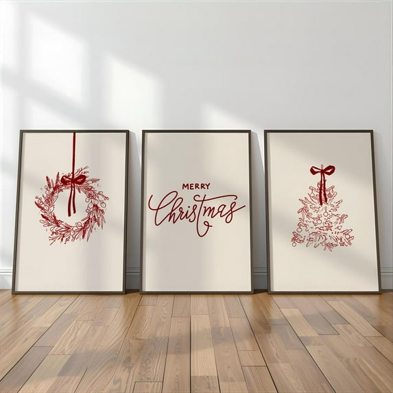 Gild Leaf Minimalist Xmas Wall Art Set Of 3 Prints: Neutral Xmas Red ...