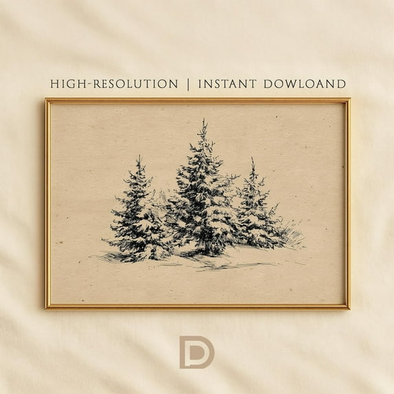 Gild Leaf Neutral Xmas Trees Sketch, Black & White Pine Trees Wall Art ...