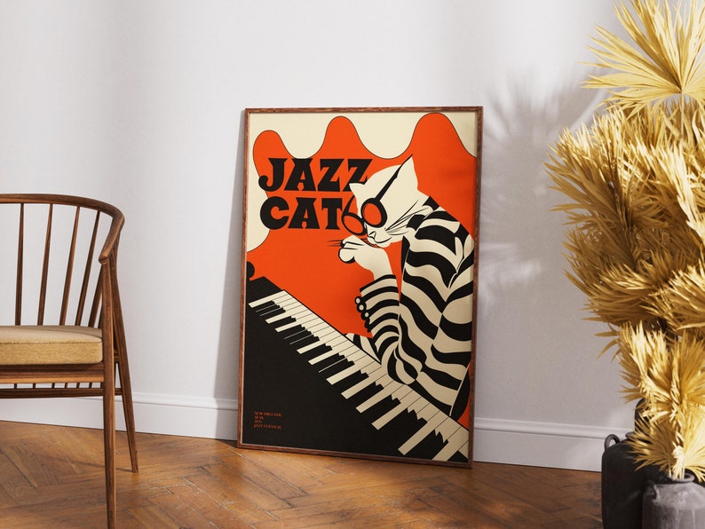 Gild Leaf New Orleans Jazz Poster, Cool Cat , Jazz Cat Print, Retro ...