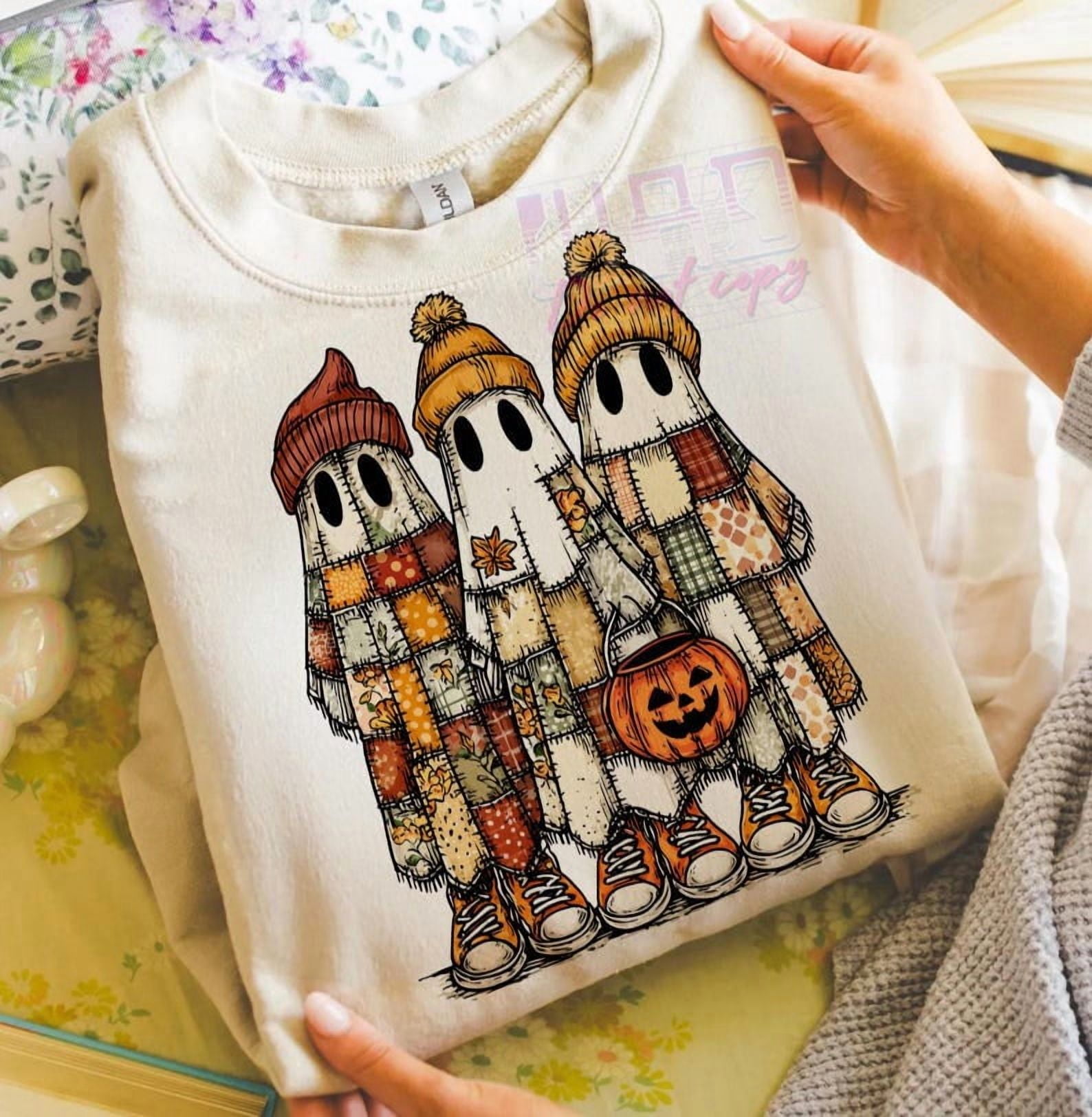 Gild Leaf Patchwork Ghosts , Cozy Spooky Fall Shirt Design, Retro Ghost ...