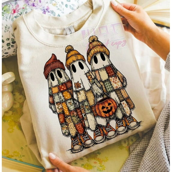Gild Leaf Patchwork Ghosts , Cozy Spooky Fall Shirt Design, Retro Ghost , Autumn , Fall Girly ...