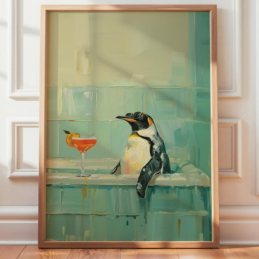 Gild Leaf Penguin In Bathtub Art Print, Penguin Cocktail Poster ...
