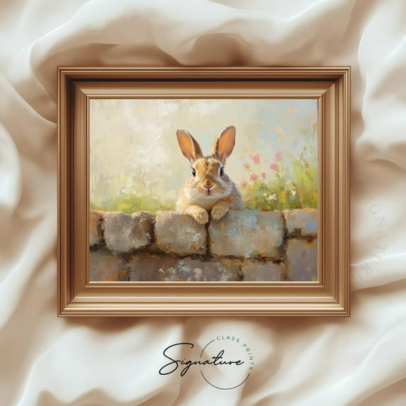 Gild Leaf Rabbit Peeking Over Garden Wall Art - Spring Animal , Vintage ...