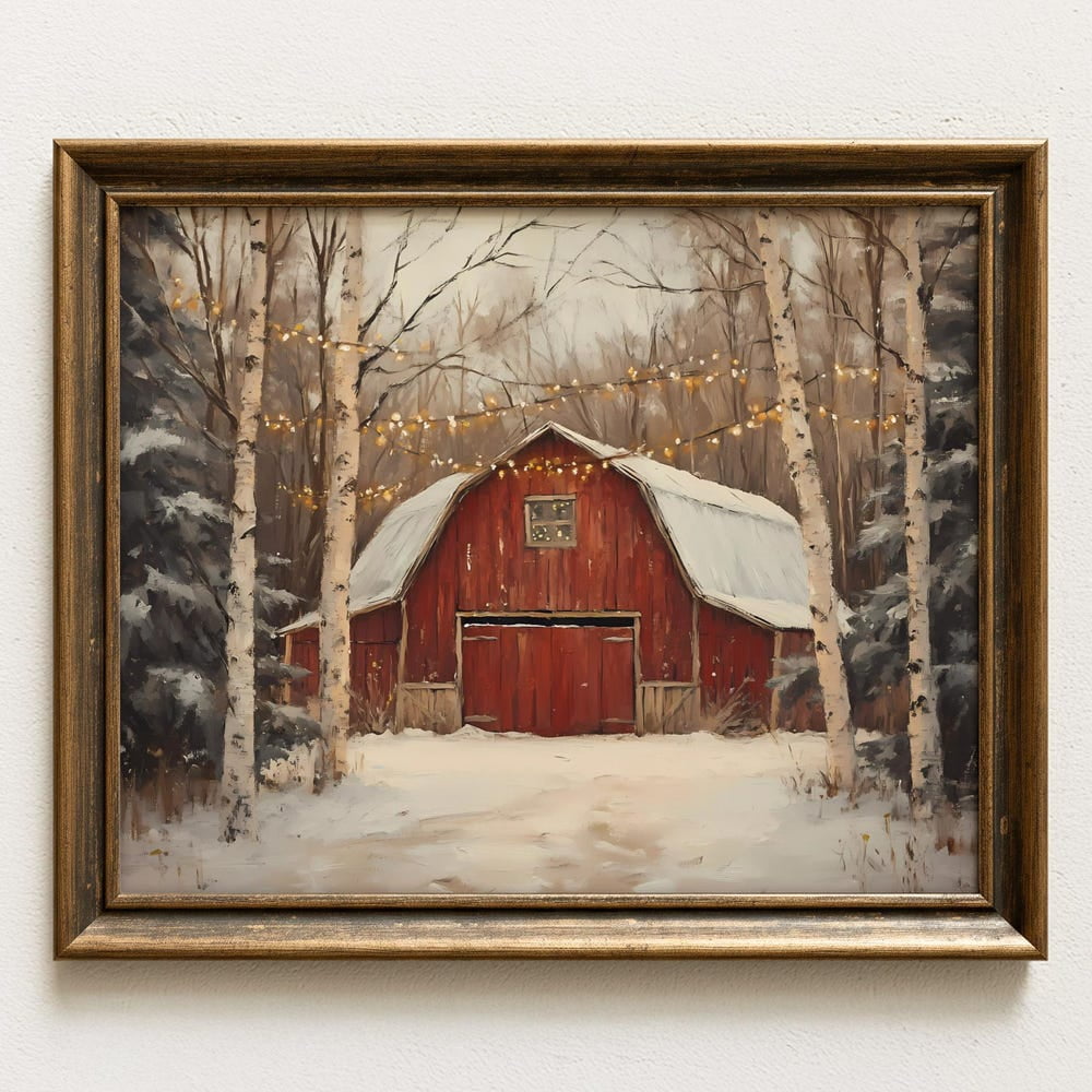 Gild Leaf Red Barn Winter Wall Art Rustic Xmas Farmhouse Decor Snowy ...
