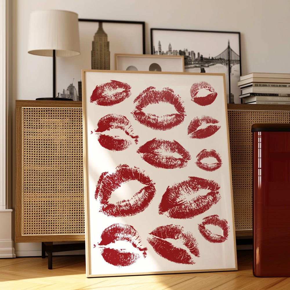 Gild Leaf Retro Kiss Poster, Vintage Love Letter, Red Wall Art, Pink ...