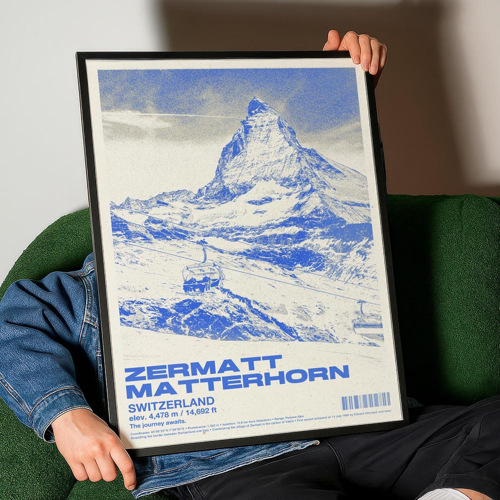 Gild Leaf Retro Zermatt Matterhorn Graphic Poster – Blue Swiss Alps ...
