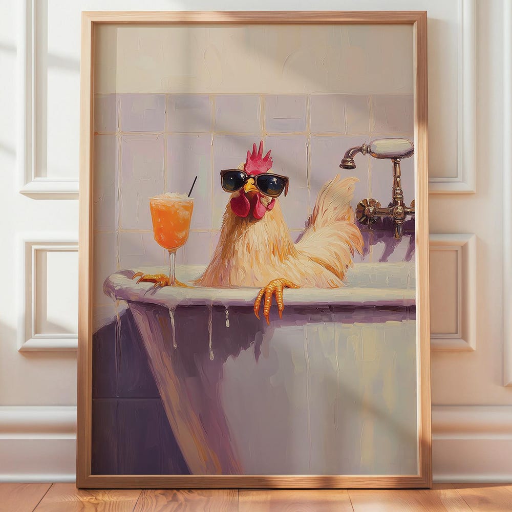 Gild Leaf Rooster In Bathtub Art Print, Vertical Chicken With Cocktail ...