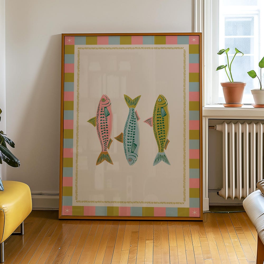 Gild Leaf Sardines Fish Painted Print Checkered Trendy Aesthetic ...