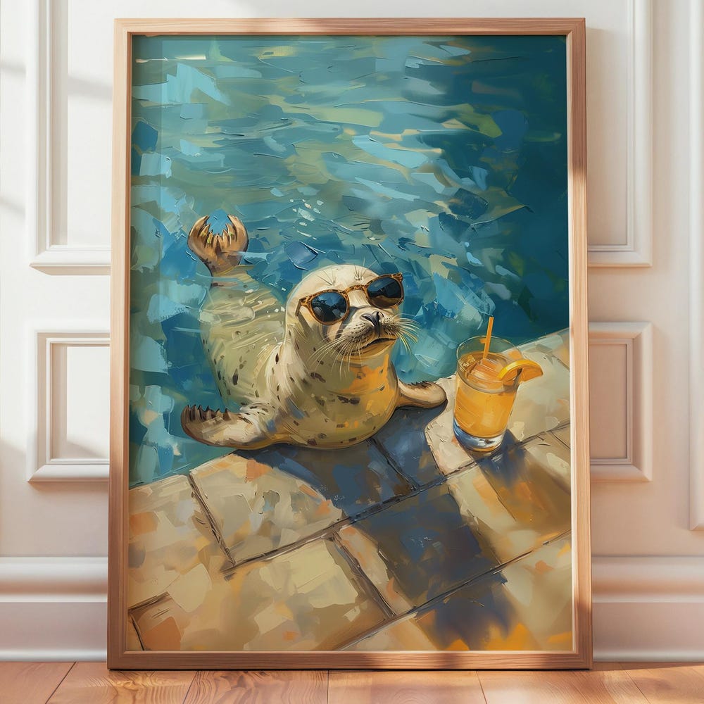Gild Leaf Seal Art Print, Seal With Sunglasses And Cocktail, Vertical ...