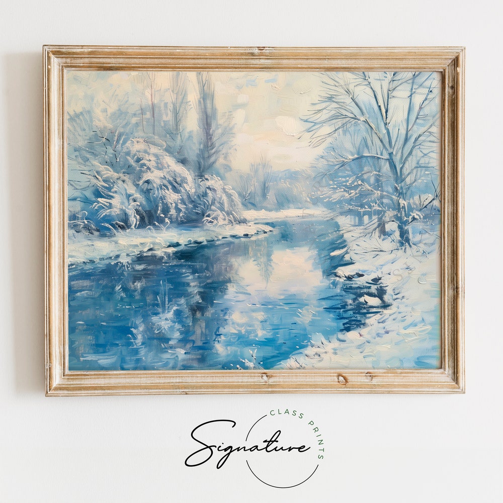 Gild Leaf Snowy River Scene - Winter Landscape, Tranquil Snow-Covered ...
