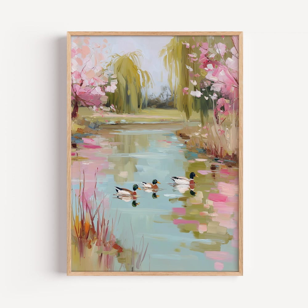 Gild Leaf Spring Pond Landscape Wall Art | Pastel Duck Art | Cherry ...
