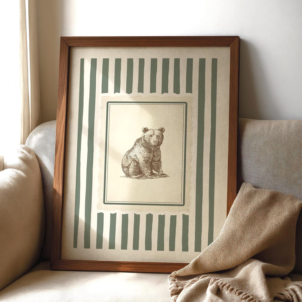 Gild Leaf Vintage Bear Art Print – Forest Green Stripe Woodland Animal ...