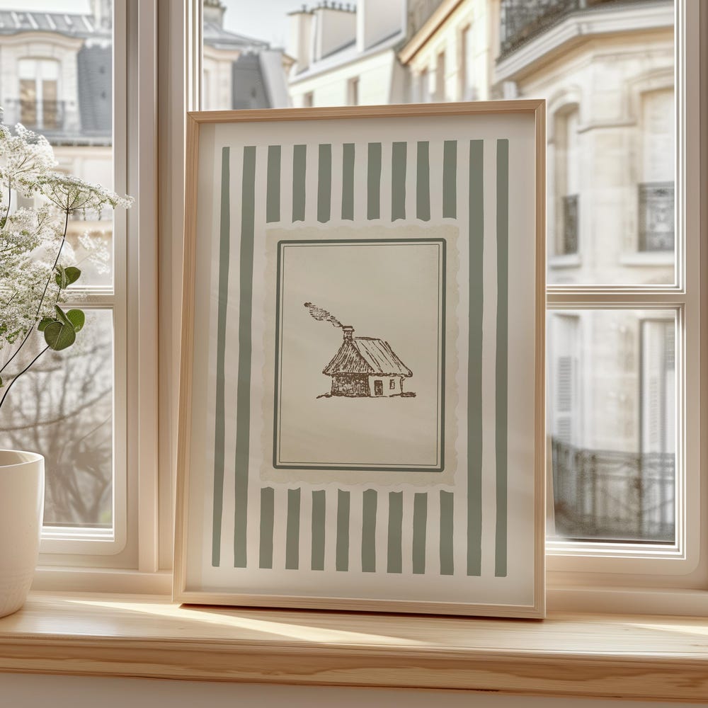 Gild Leaf Vintage Cottage Art Print – Sage Green Stripe Wall Decor ...
