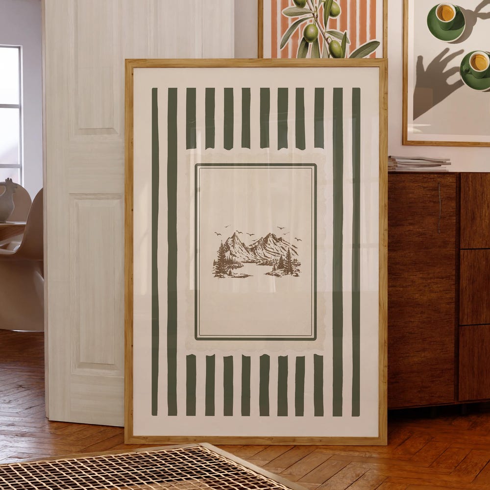 Gild Leaf Vintage Mountain Art Print – Forest Green Stripe Alpine Wall ...