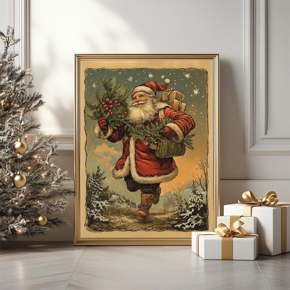 Gild Leaf Vintage Santa Snowy Scene Poster, Rustic Xmas Card ...