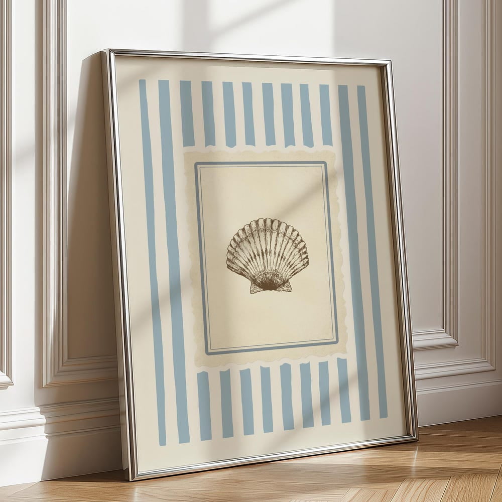 Gild Leaf Vintage Shell Art Print – Dusty Blue Stripe Coastal Wall ...