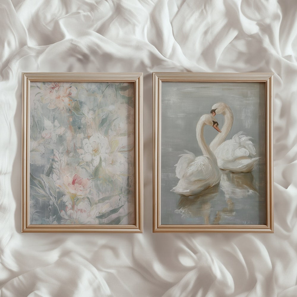 Gild Leaf Vintage Swan Print Set Of 2 Art Prints | Elegant Floral Swan ...