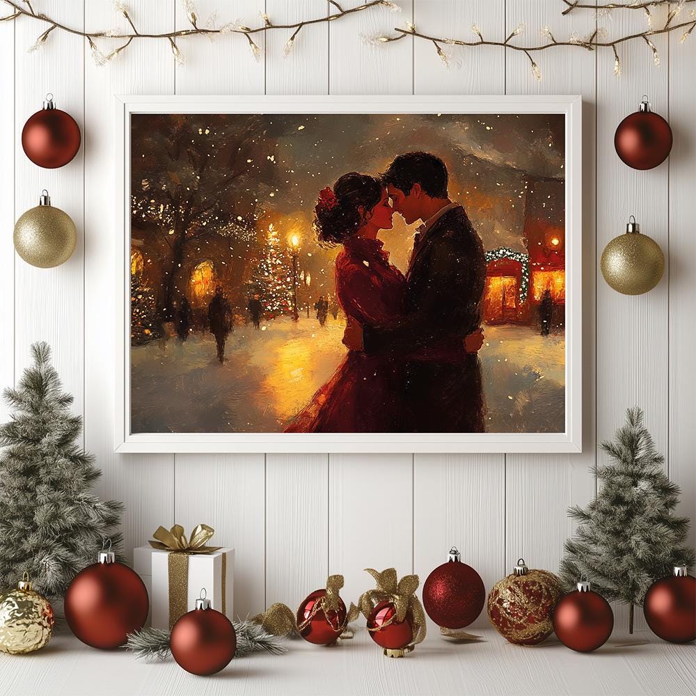 Gild Leaf Vintage Xmas Love Poster, Romantic Winter Home Decor, Couple ...