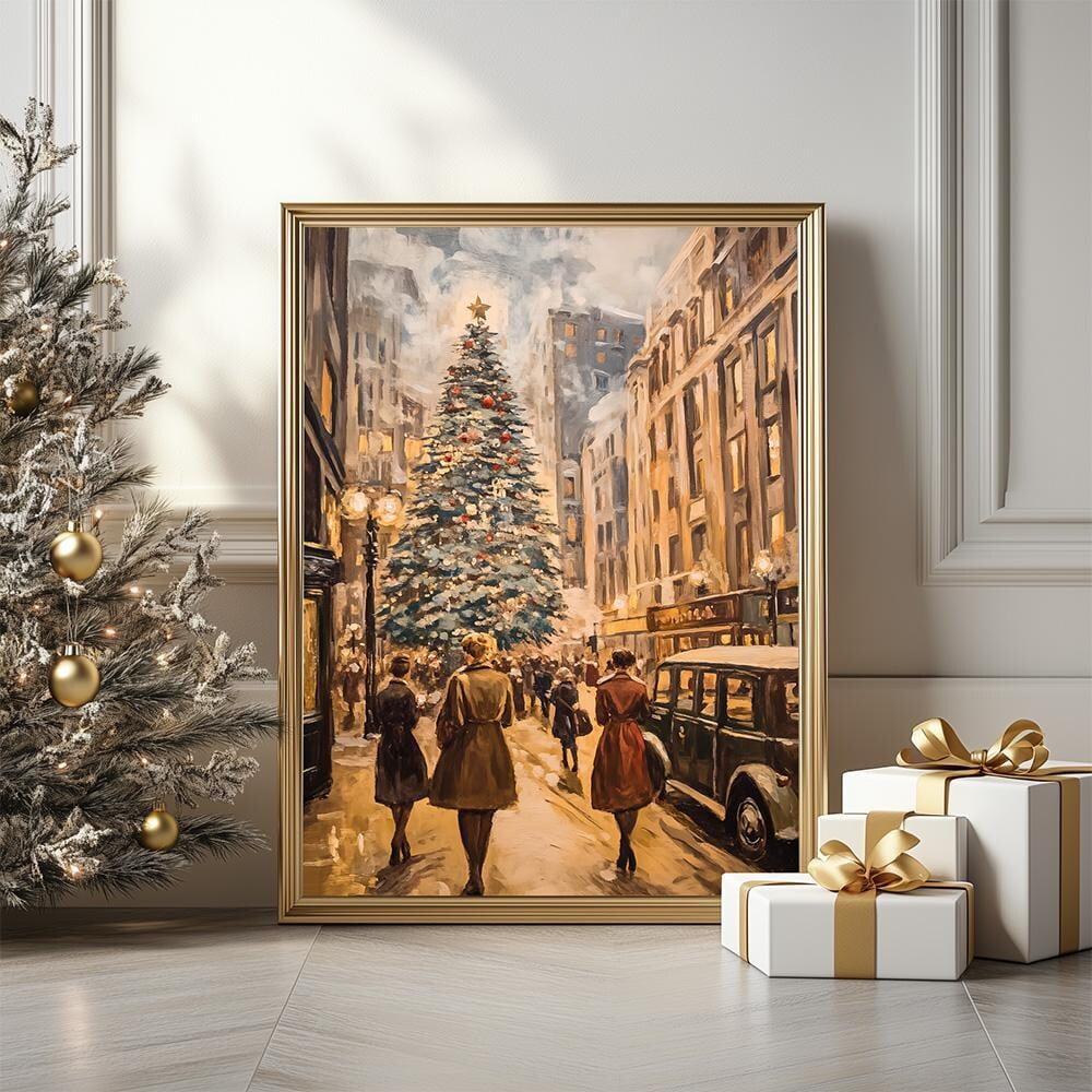 Gild Leaf Vintage Xmas Street Scene Poster, Snowy City, Festive Decor ...