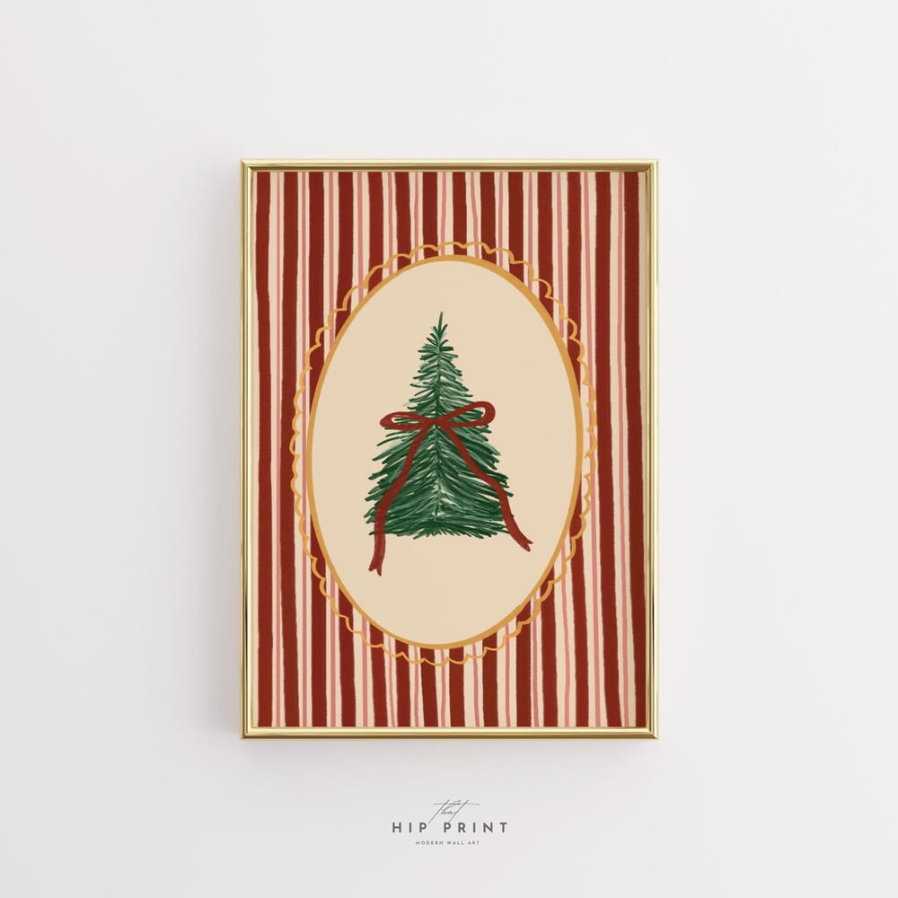 Gild Leaf Vintage Xmas Tree Wall Art, Retro Holiday Print With Red ...