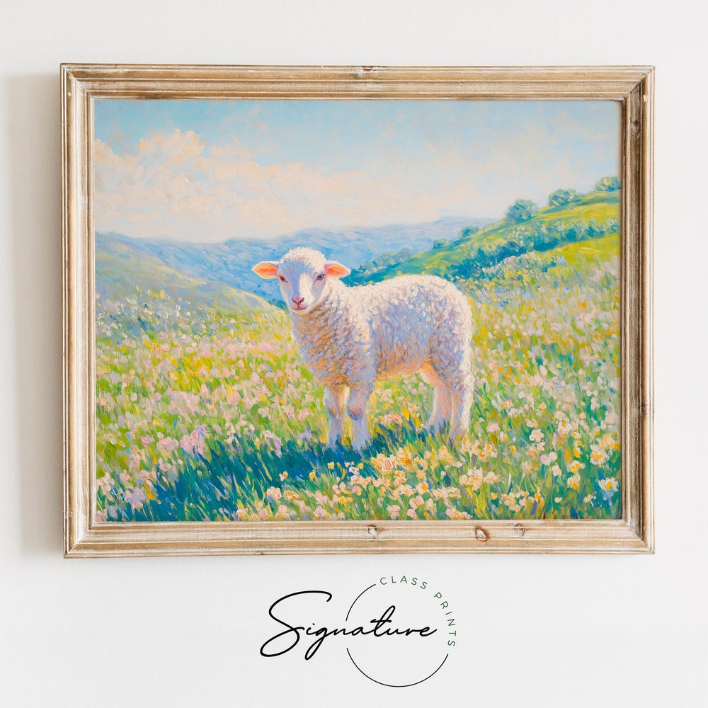 Gild Leaf White Lamb Standing In A Meadow - Spring Farmhouse ...