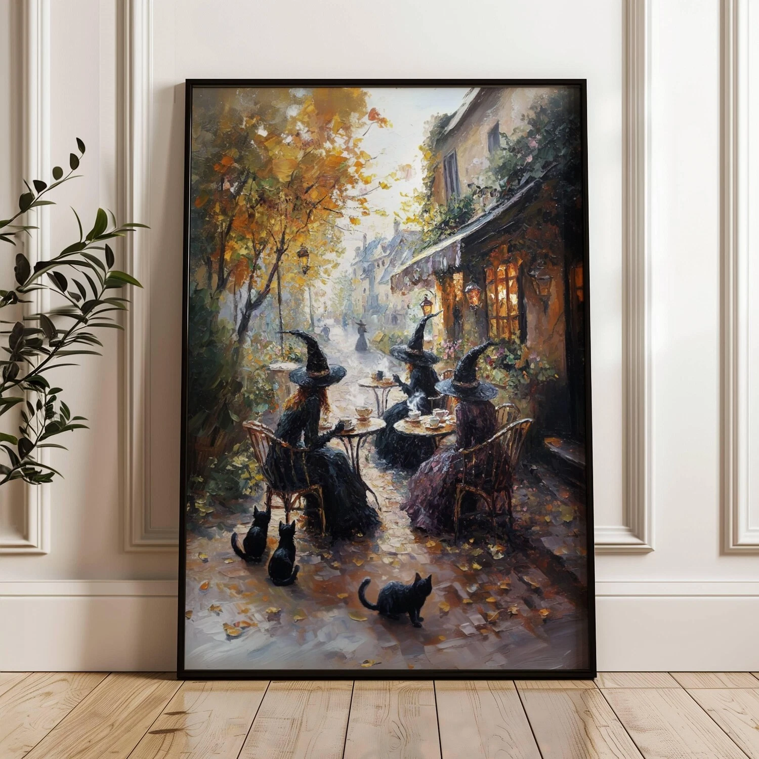 Gild Leaf Witch Cafe Poster - Halloween Witch & Black Cat Wall Decor ...