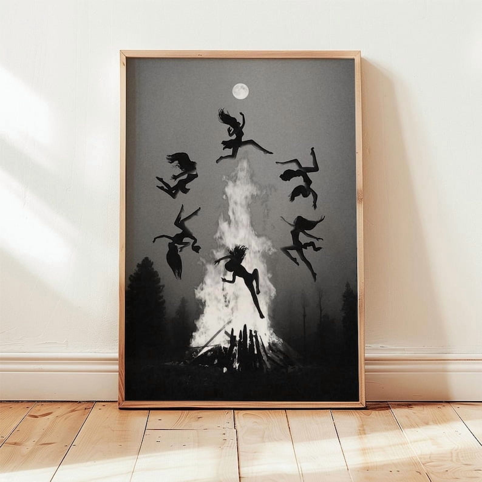 Gild Leaf Witches Dancing Around Fire Poster, Spooky Wall Art, Dark ...
