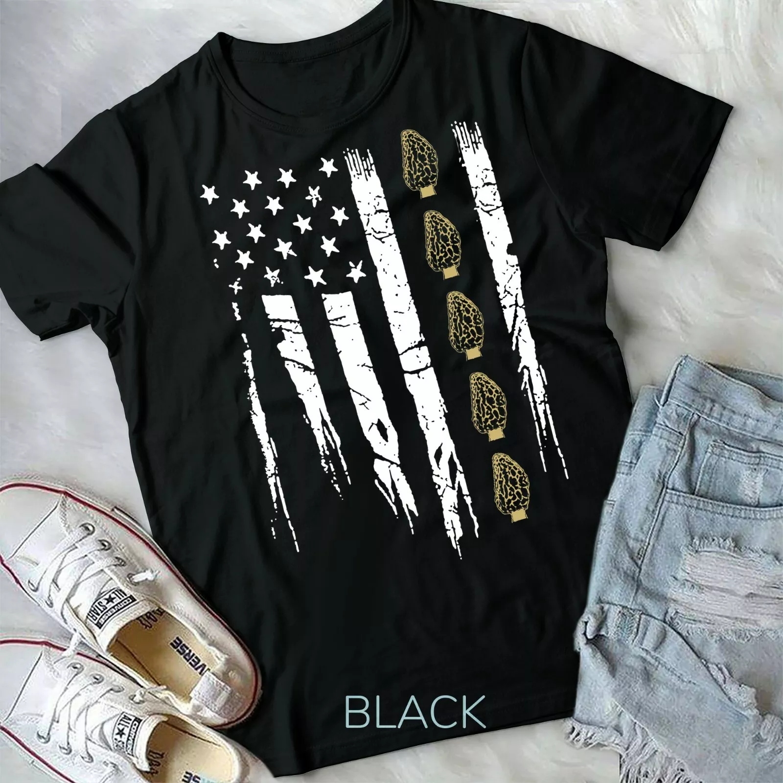Gildan American Mushroom Hunter T Shirt With Morels In Usa Flag ...